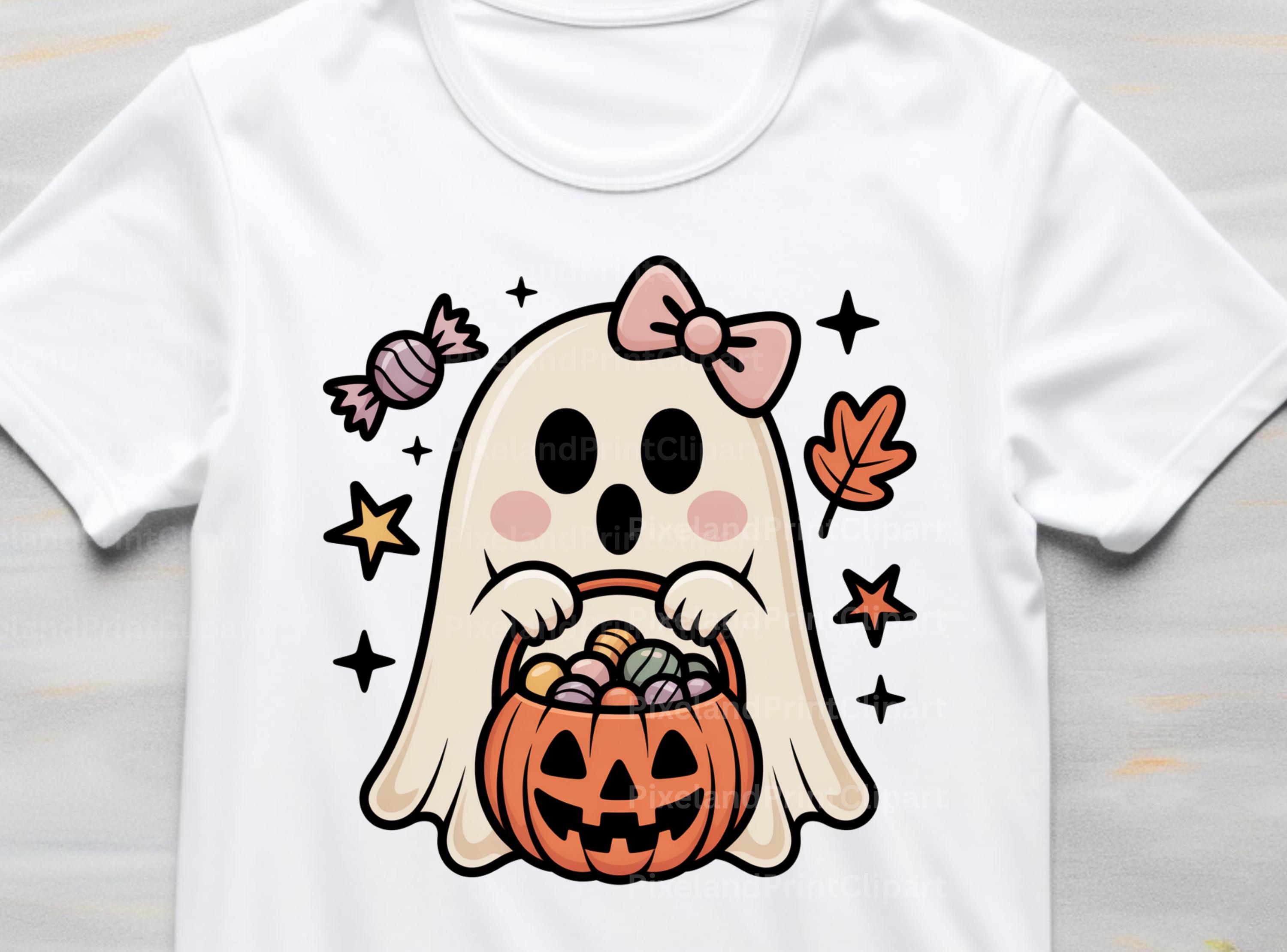 Cute Ghost With Candy Bucket PNG, Coquette Halloween Ghost Clipart With ...