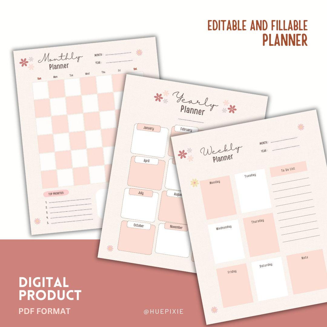 Yearly, Monthly and Weekly Planner Editable and Fillable PDF File ...