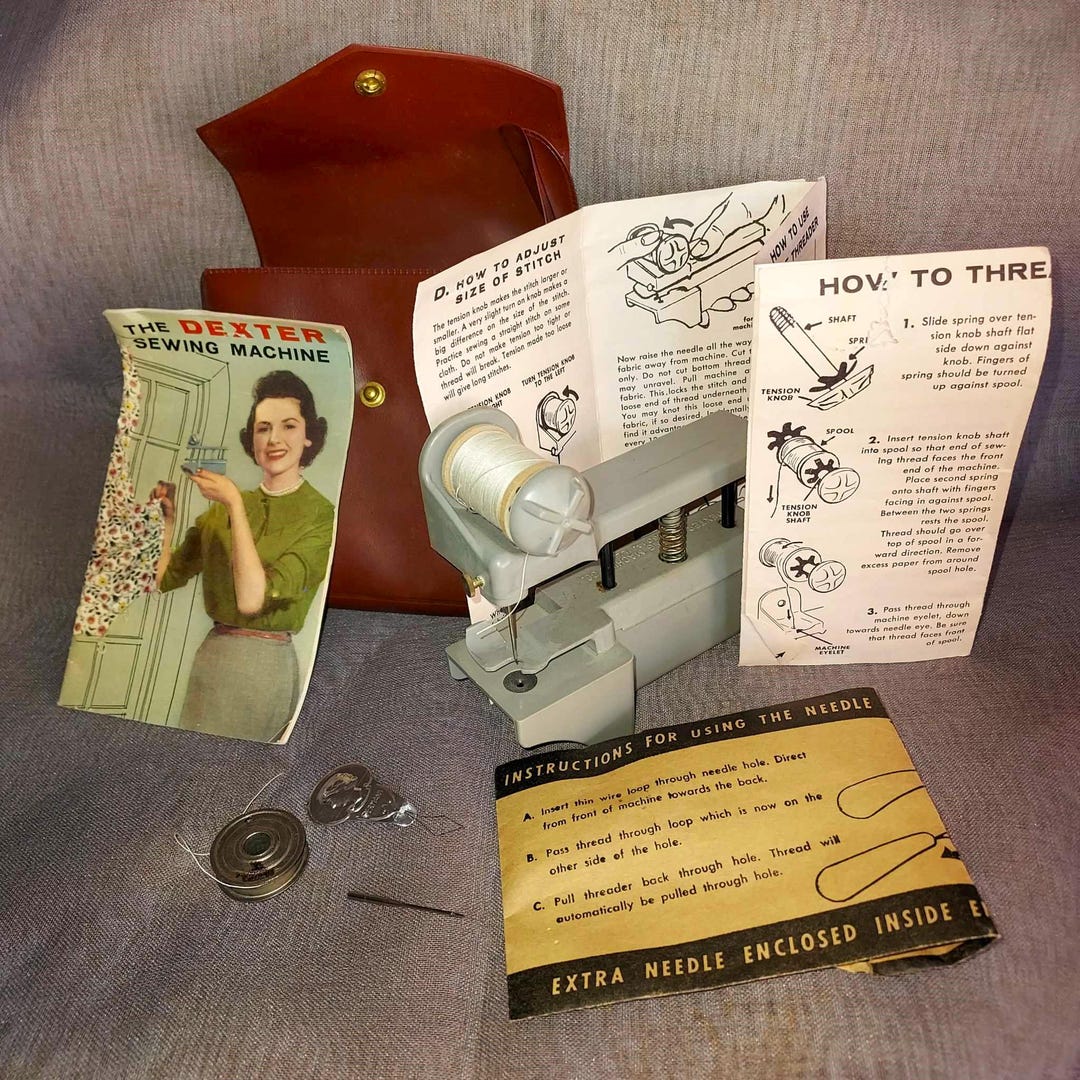 Vintage 1950's the Dexter Sewing Machine Handheld With Case, Paper Work ...