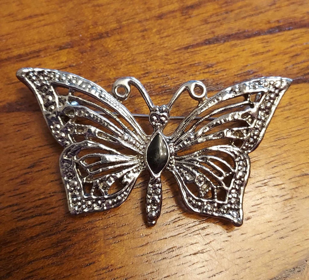 Butterfly Pin Silver Tone Filigree Wings and Black Enamel Body - Etsy