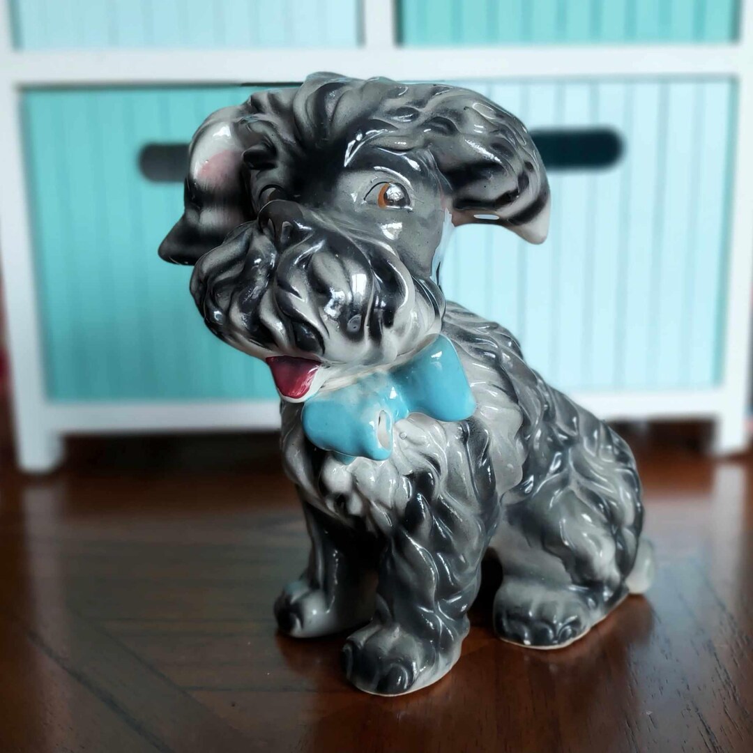Vintage Gray and Black Scruffy Terrier Dog With Blue Bow Collar ~ 1950 ...