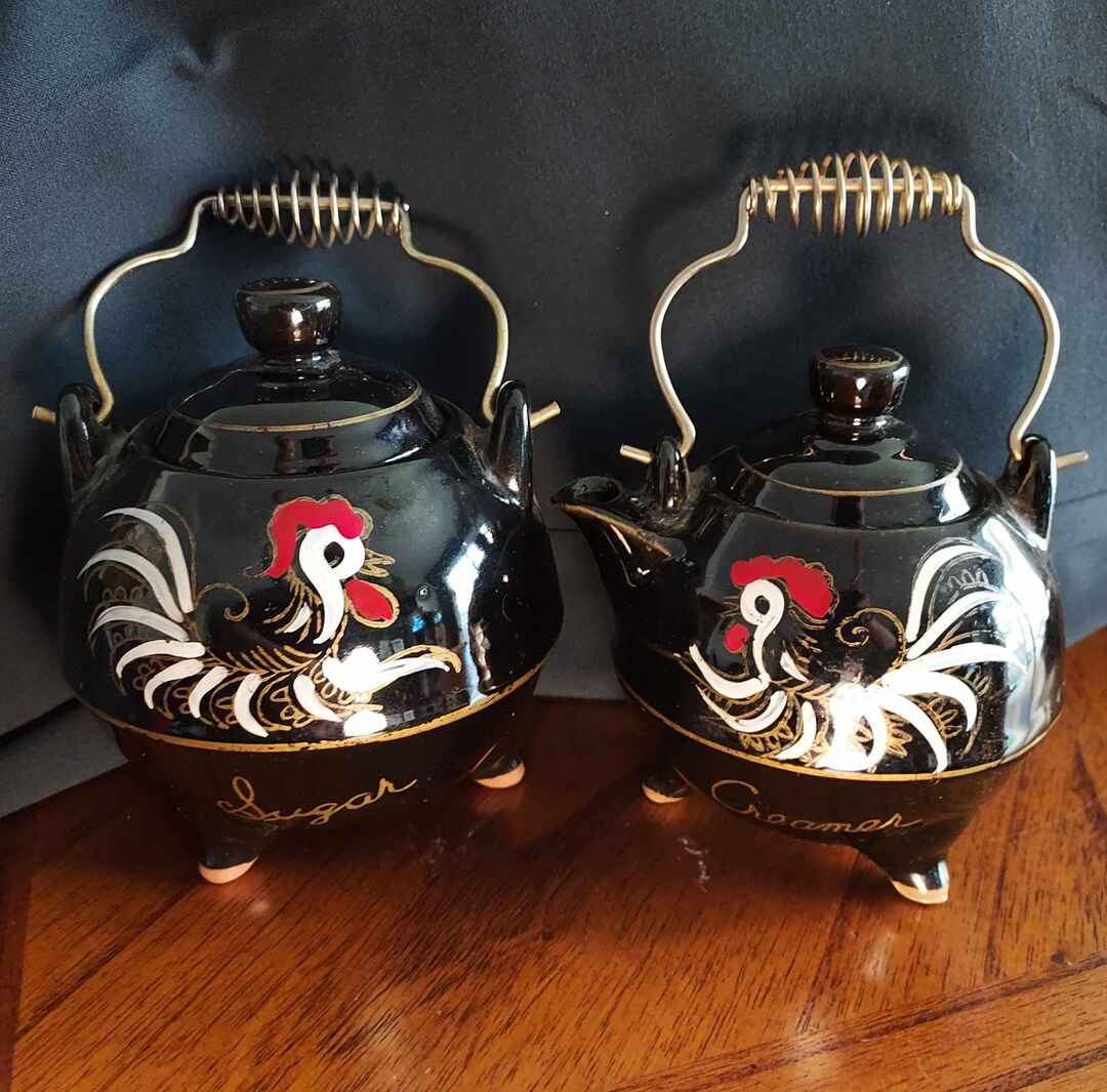 Vintage Rooster Teapot Creamer and Sugar. Hand Painted Redware Chicken ...