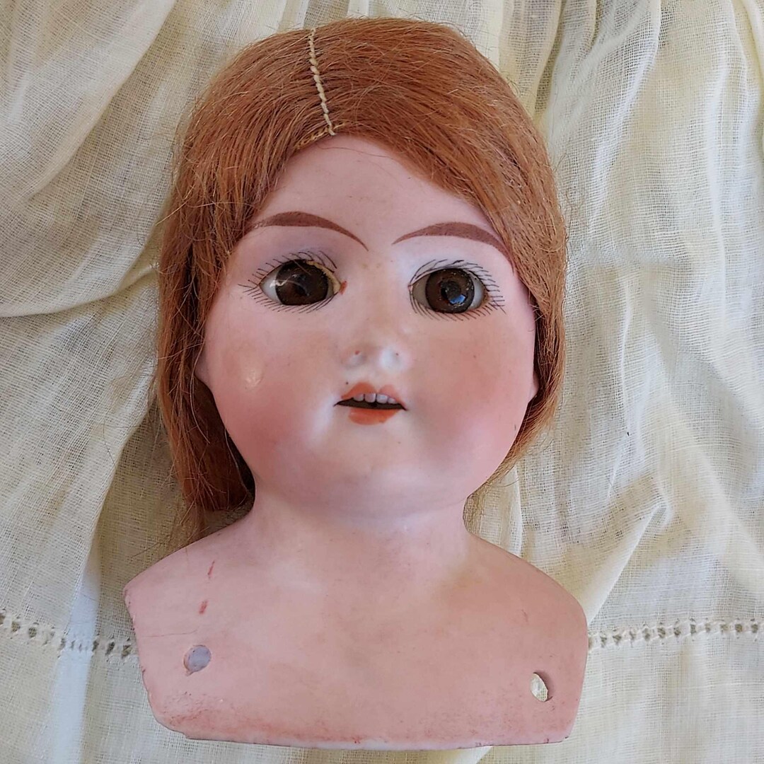 Antique German Lilly Bisque Doll Head, Brown Eyes, Mohair Wig, Mold 11/ ...