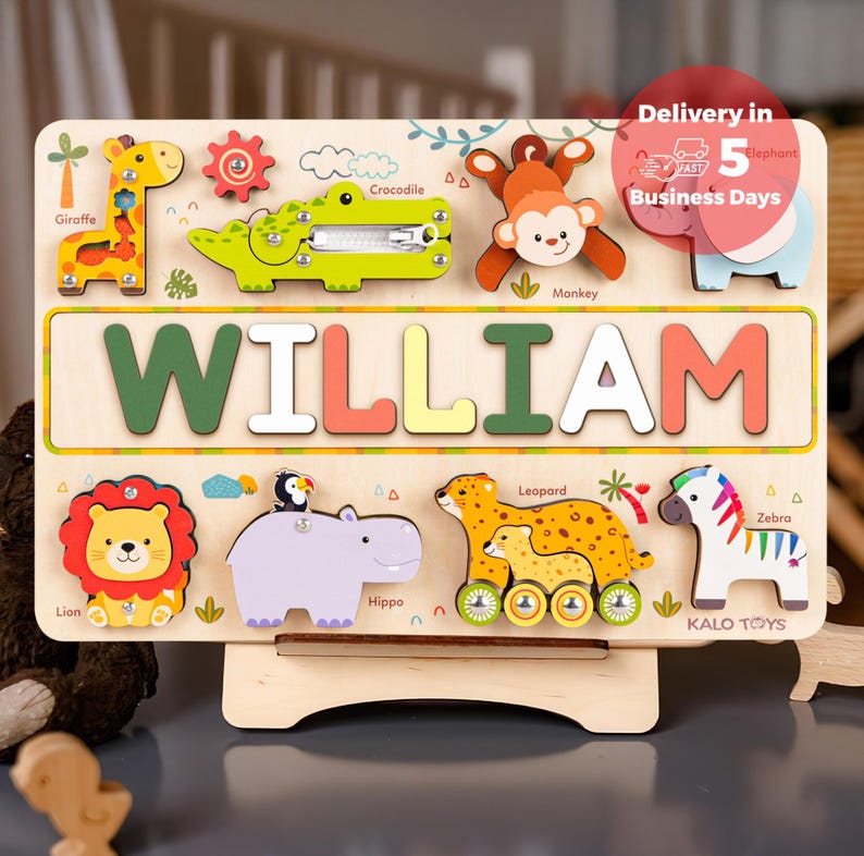 Safari Animal Name Puzzle for Kids, Personalized First Birthday Gift ...