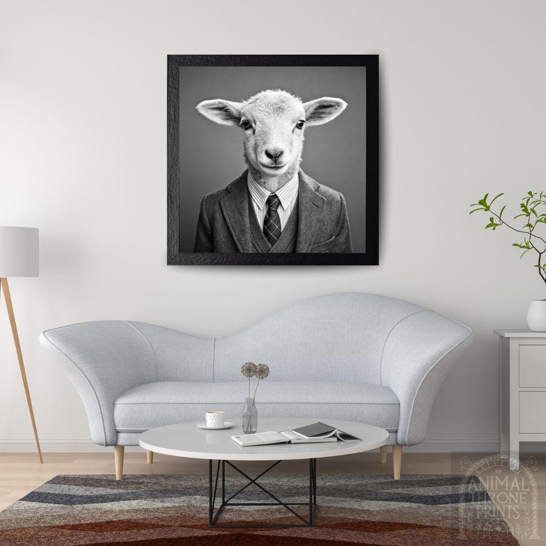 Adorable Sheep in Suit Wall Art – Elegant & Whimsical Animal Portrait ...