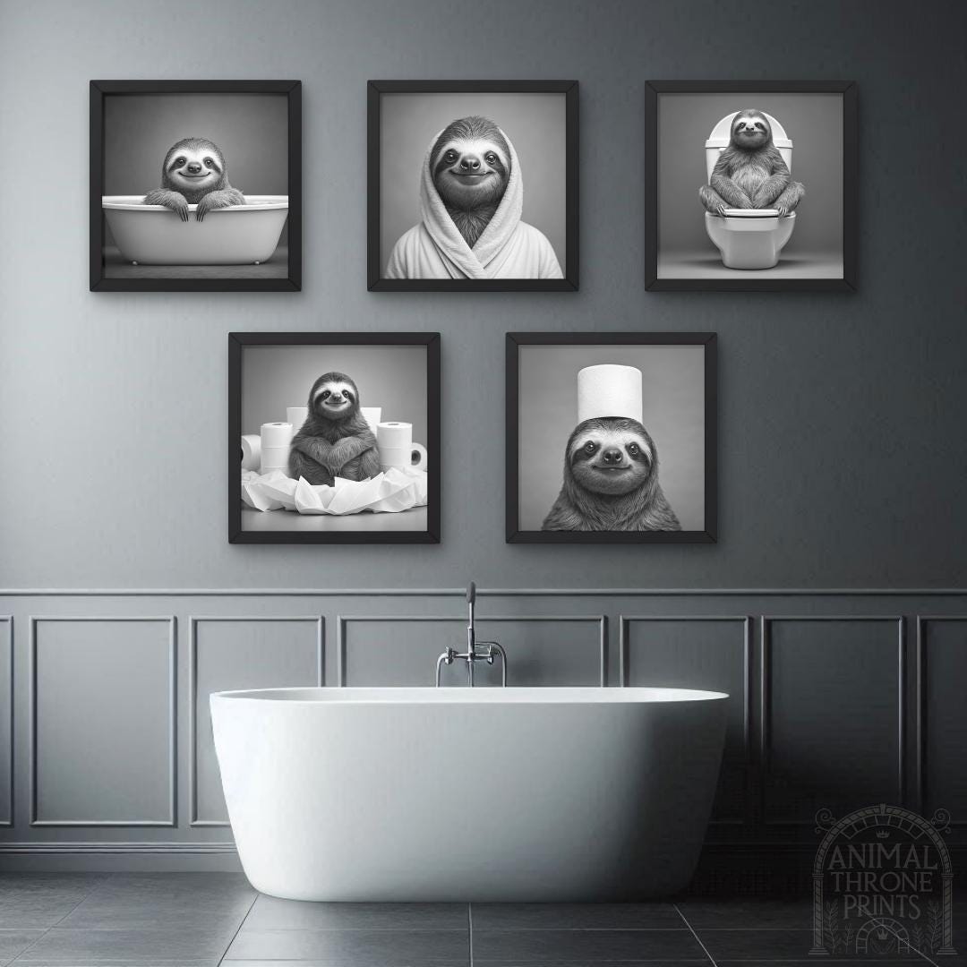 Funny Sloth Bathroom Wall Art Bundle, Sloth in Bath, Bathrobe, Toilet ...