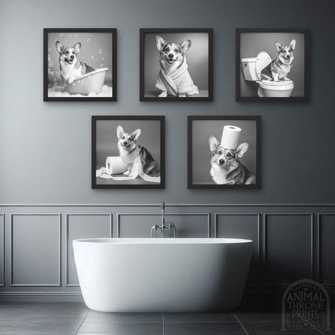 Cute Corgi Bathroom Wall Art – Dog in Bath, Bathrobe, Toilet and TP ...