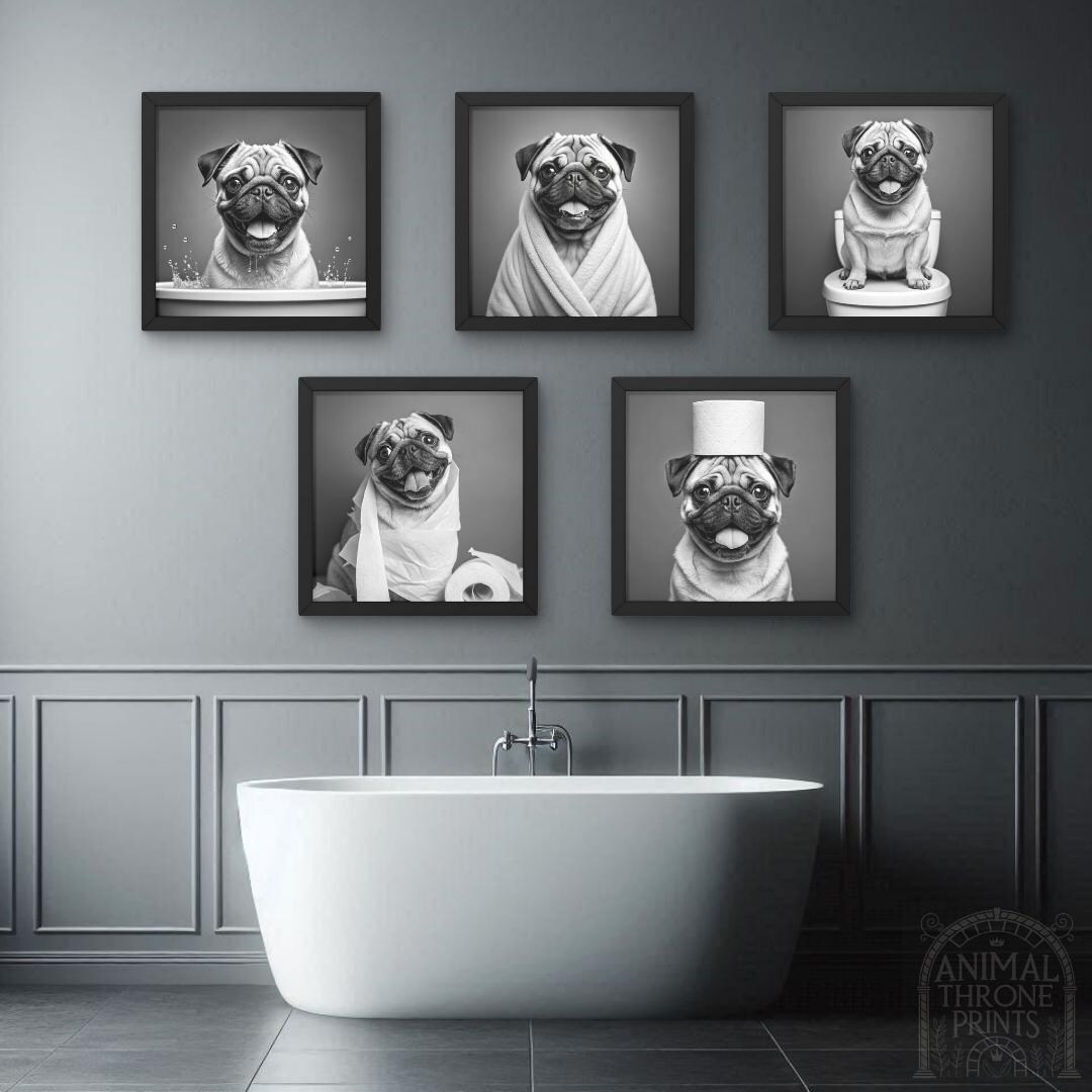 Funny Pug Bathroom Art Bundle – 5 Digital Prints – Pug in Bath, Pug on ...