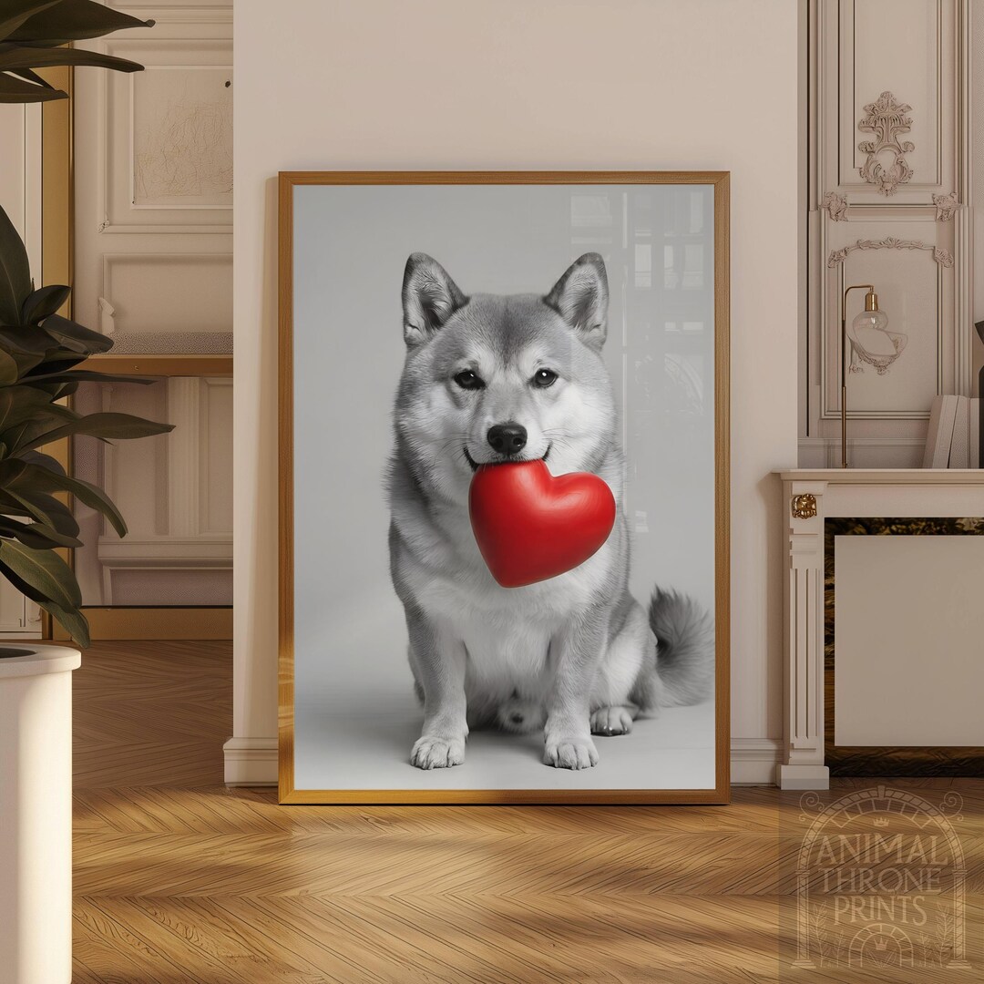 Shiba Inu Valentine Wall Art – Cute Dog Holding Red Heart – Romantic ...