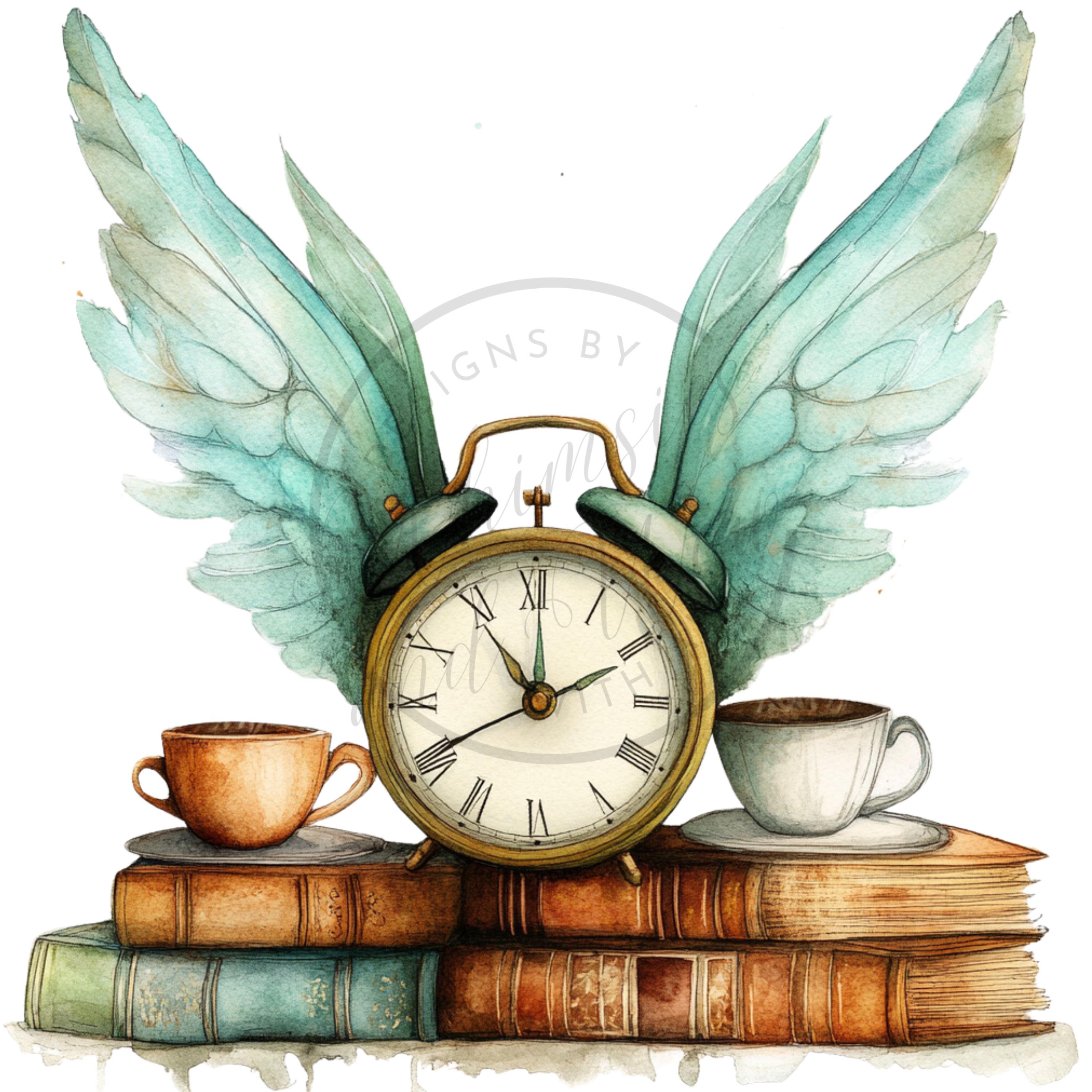 Time Flies is a Fantasy Collection of Books, Coffee, Clocks, Wings ...