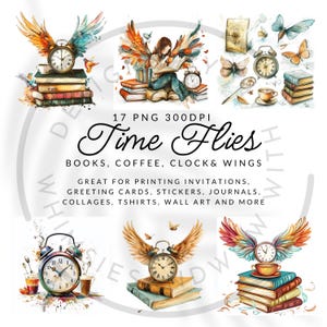 Time Flies is a Fantasy Collection of Books, Coffee, Clocks, Wings ...