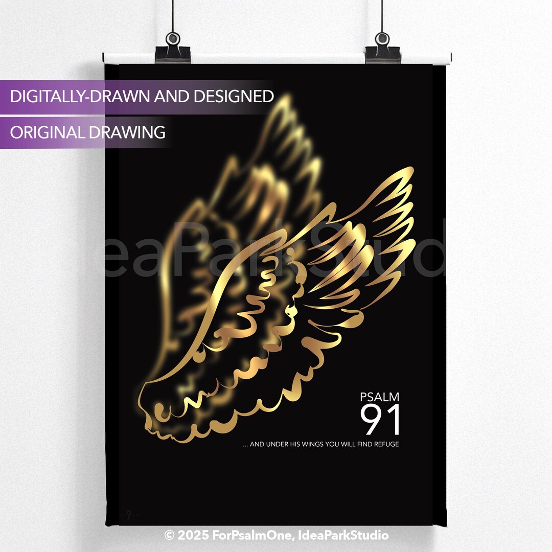 Gold Wing Line Art Illustration: Psalm 91 Christian Wall Decor Poster ...