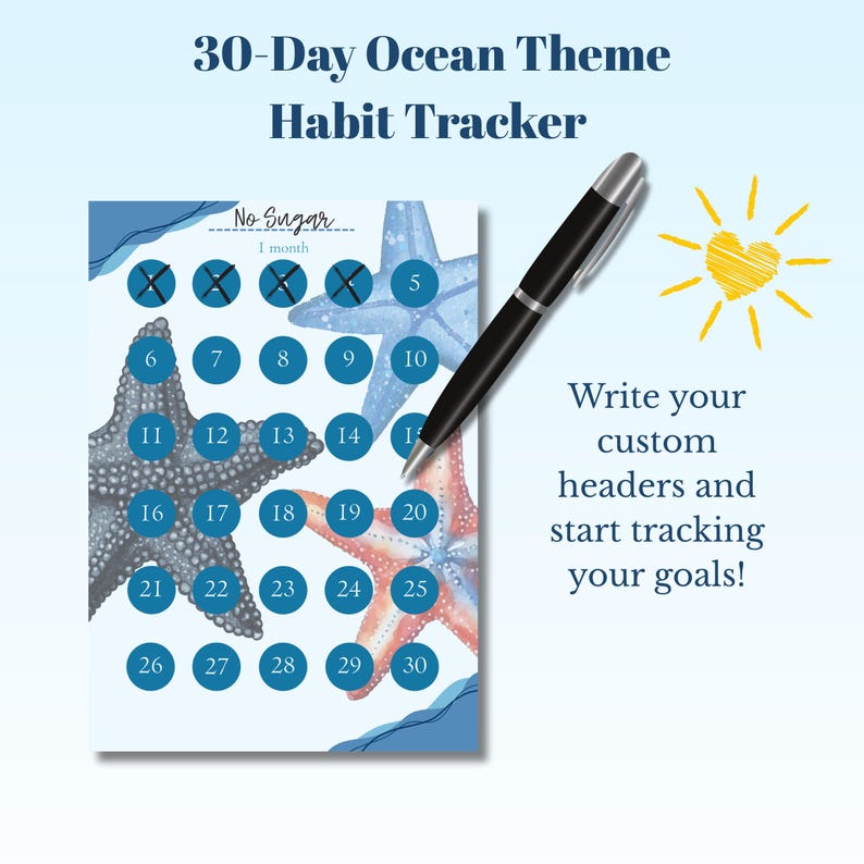 30-day Ocean Theme Habit Tracker Printable | A4 Blank Planner Pages ...