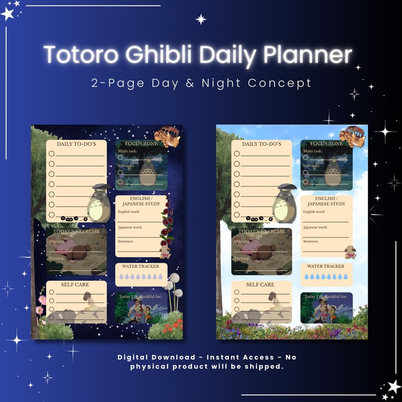 Totoro Ghibli Daily Planner PDF | 2-page Day & Night Concept ...