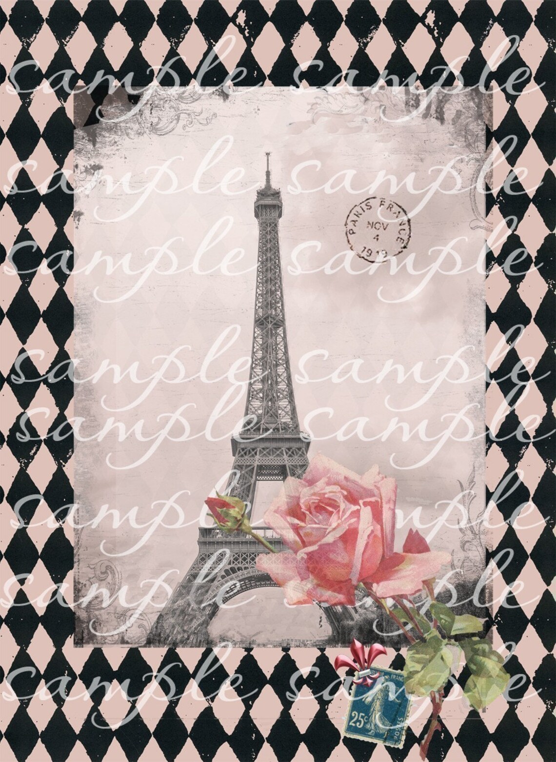 Pink in Paris Eiffel Tower Pink and Black Harlequin Collage Digital ...