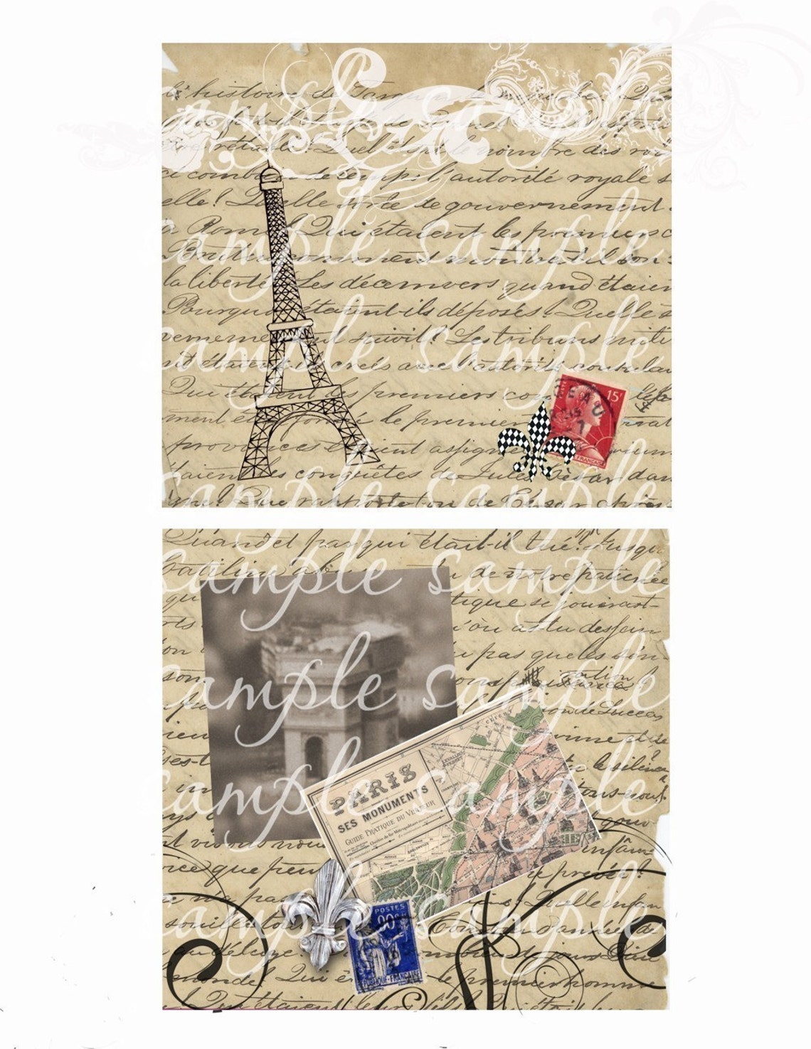Paris French Collage on Vintage Paper Digital Instant Download for ...