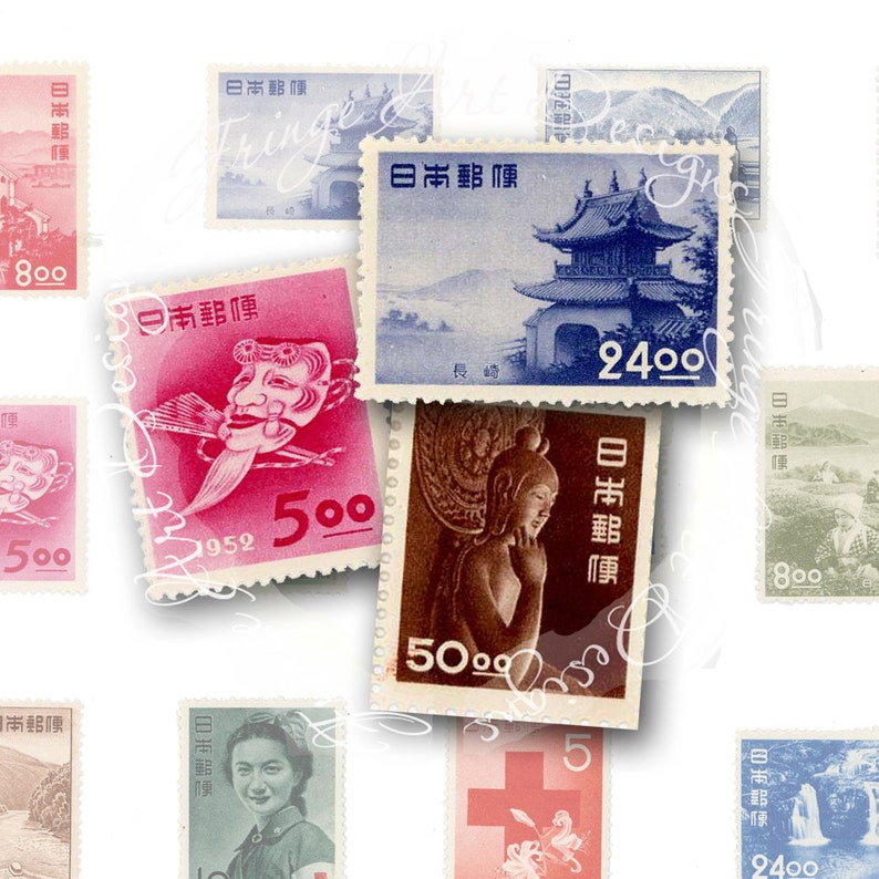 Vintage Japanese Postage Stamp Digital Sheet Instant Download for ACEO ...