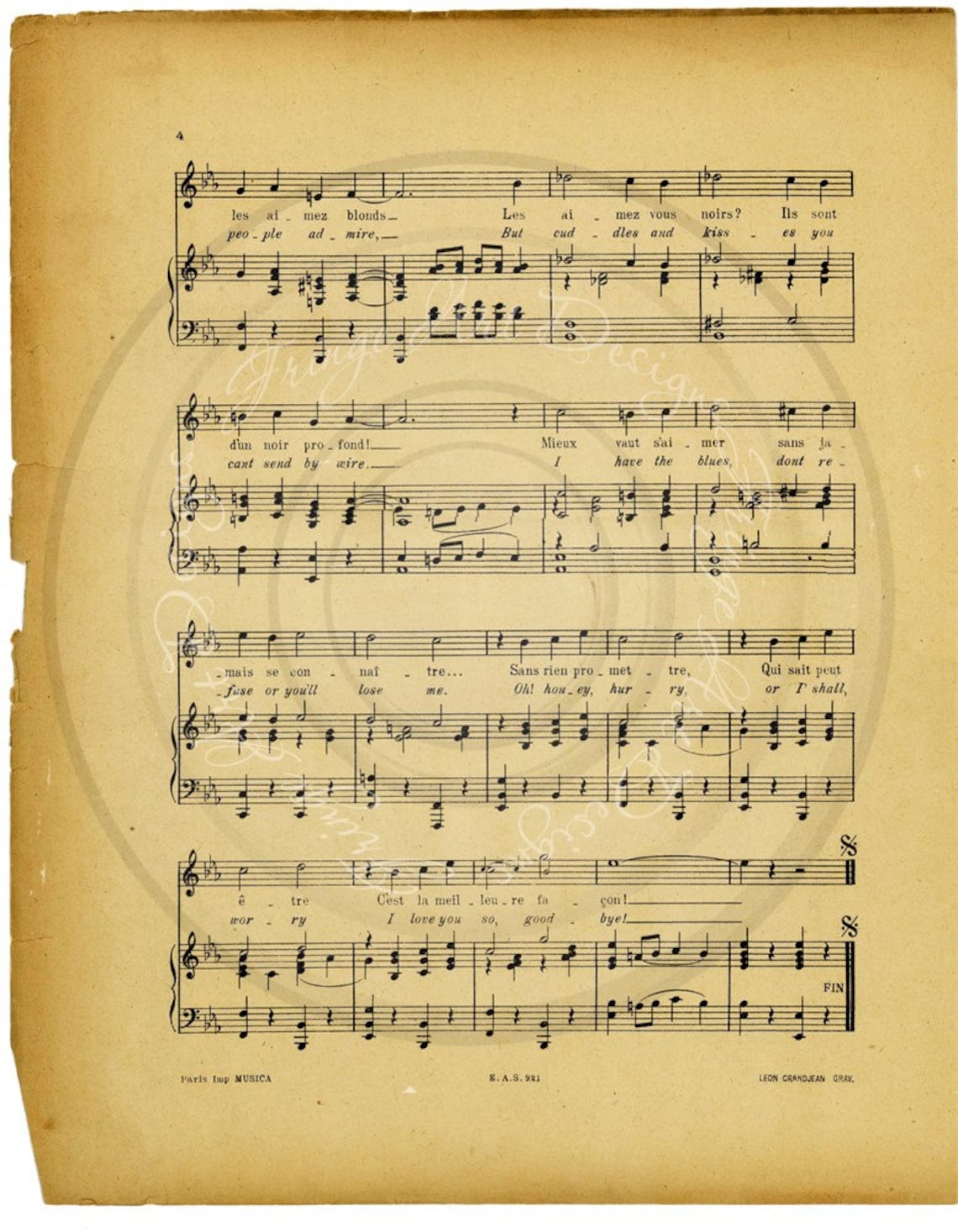 Vintage French Music Sheets Digital Instant Download for Collage ...
