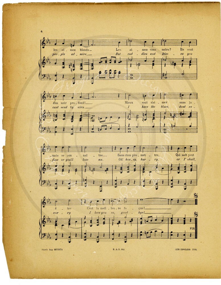 Vintage French Music Sheets Digital Instant Download for Collage ...