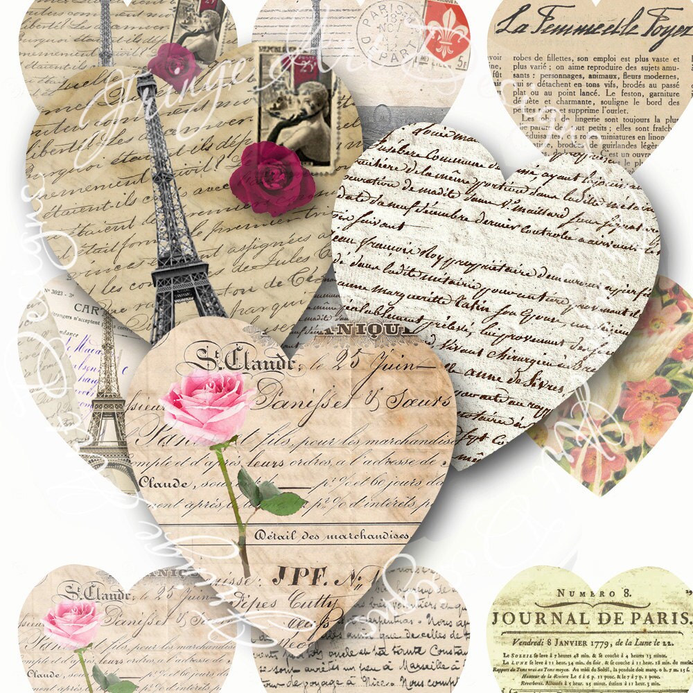 French Hearts Digital Collage Element Sheet Instant Download - Etsy