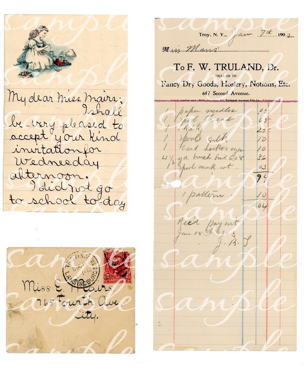 Aged Vintage Paper Receipts Letters Envelope Digital Download For Atc