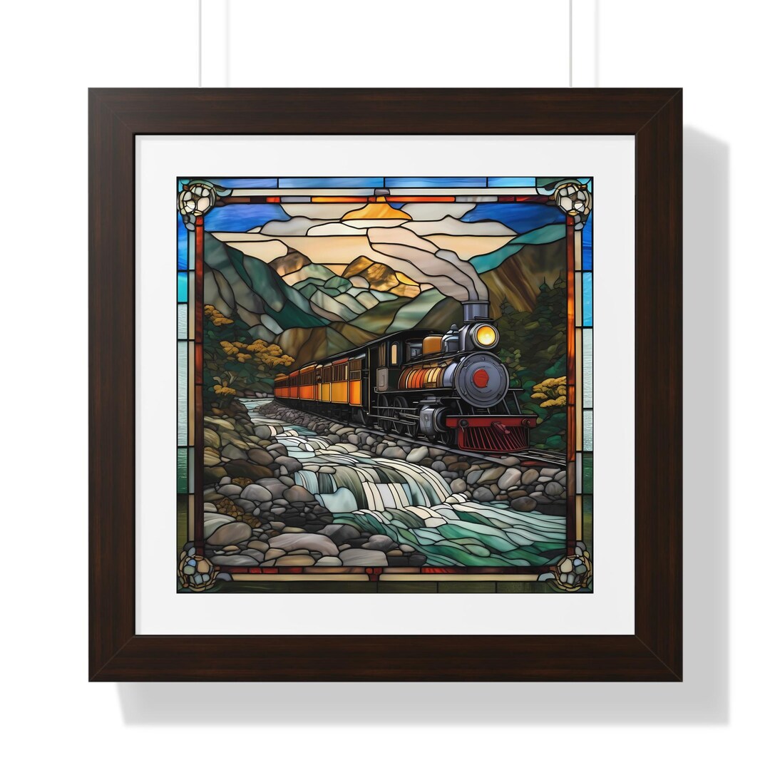 Stained Glass Train Poster, Scenic Wall Art for Train Lovers, Vintage ...
