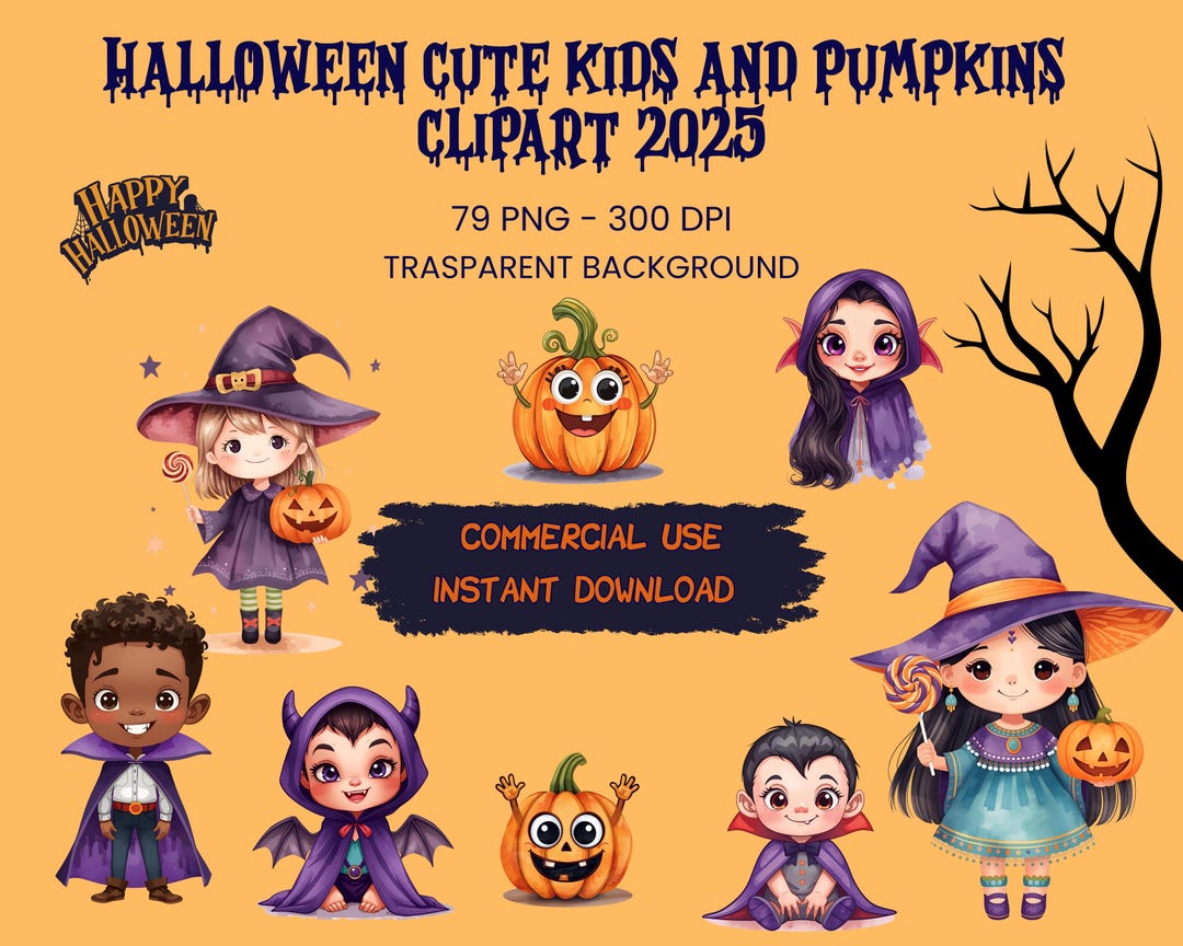 Halloween Cute Kids and Pumpkins Clipart | 79 PNG, 300 DPI, Transparent ...