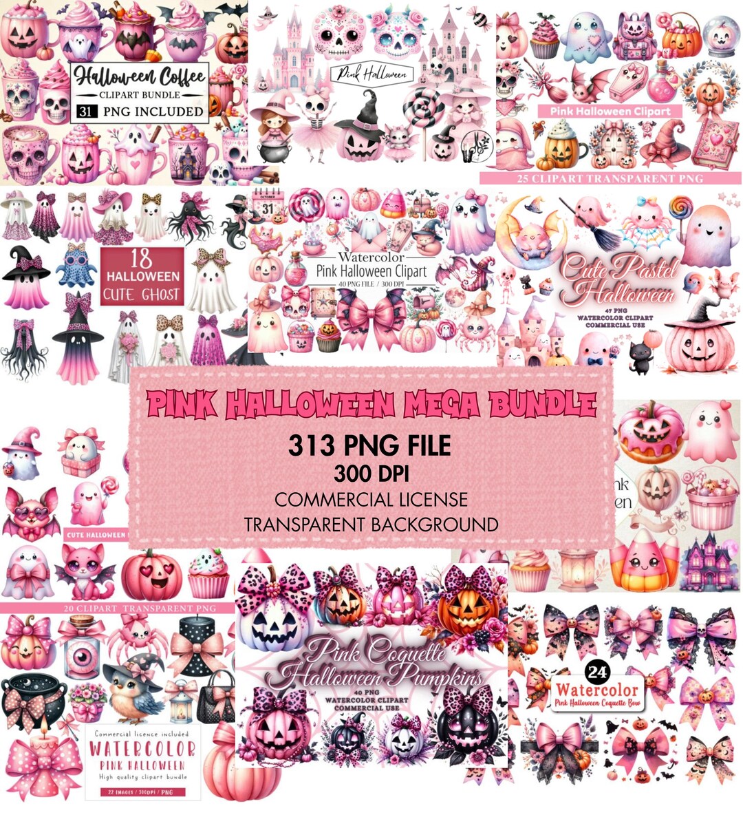 Pink Halloween Clipart Bundle 313 PNG | Cute Pastel Halloween Mega Pack ...