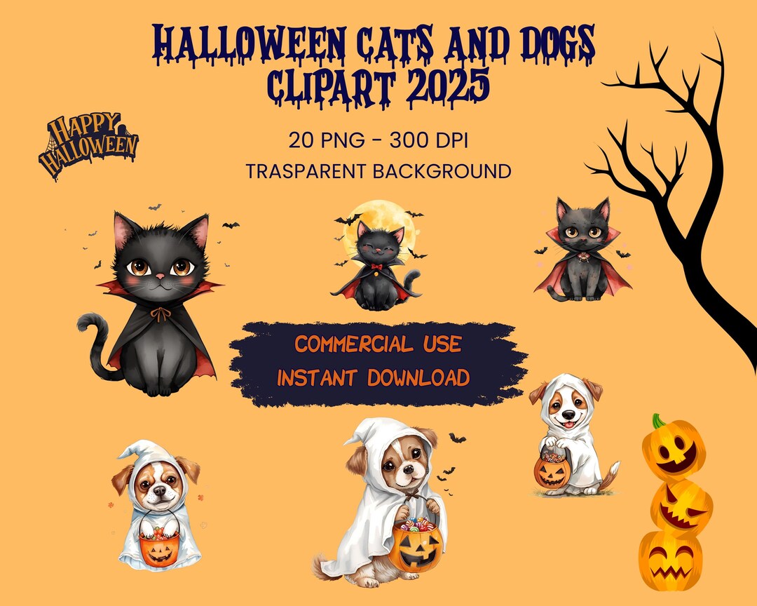Halloween Cats and Dogs Clipart 2025 | 20 Pngs 300 DPI | Transparent ...