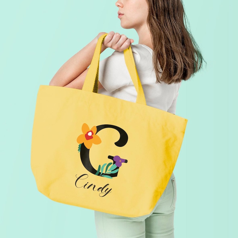 Personalized Floral Monogram Tote Bag: Custom Initial Zippered Canvas ...