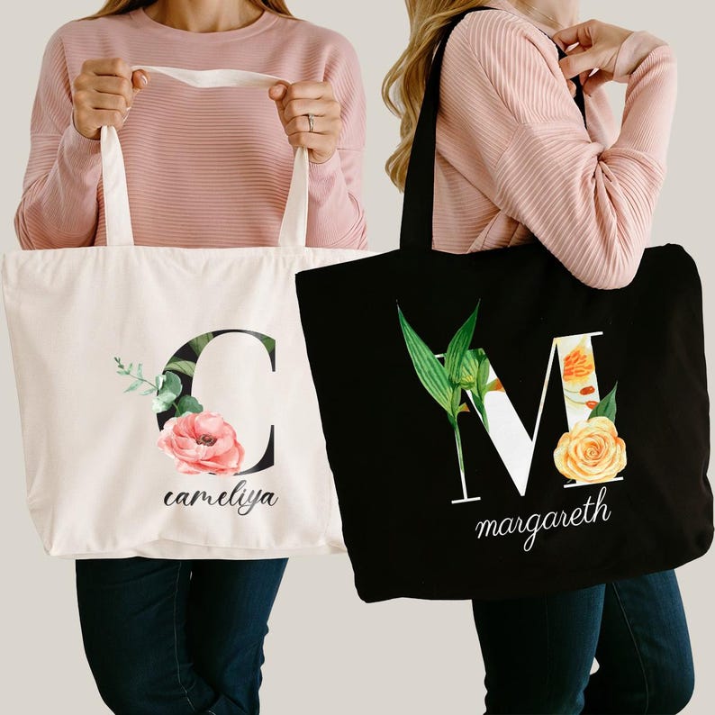 Personalized Floral Monogram Tote Bag With Zipper: Custom Initial - Etsy