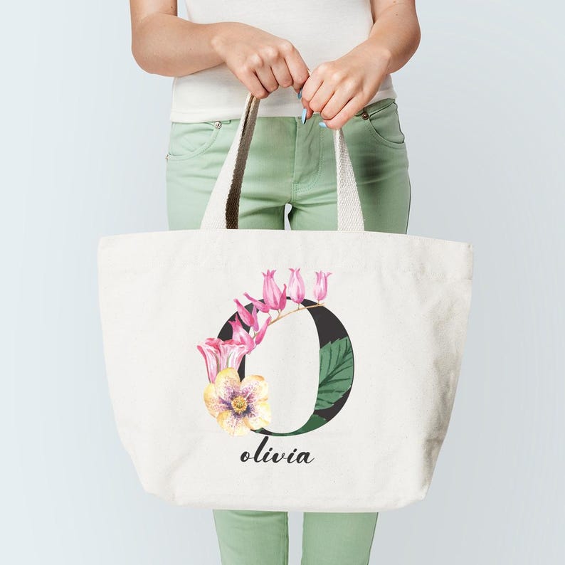 Personalized Floral Monogram Tote Bag With Zipper: Custom Initial - Etsy