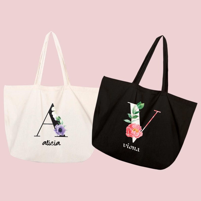 Personalized Floral Monogram Tote Bag With Zipper: Custom Initial - Etsy