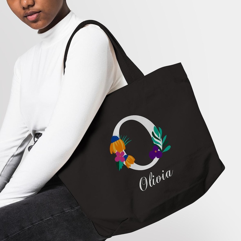 Personalized Floral Monogram Tote Bag: Custom Initial Zippered Canvas ...