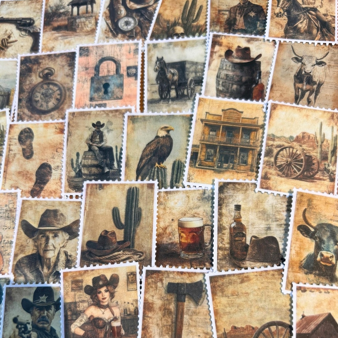 Vintage Western Style Postage Stamp Handmade Sticker L Cowboy Design ...