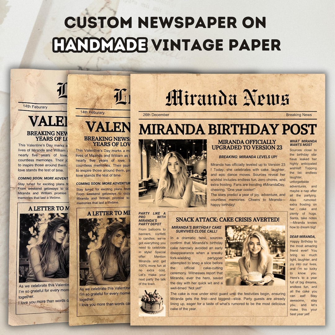 Custom Newspaper on Handmade Vintage Paper L Special Gift for Your ...