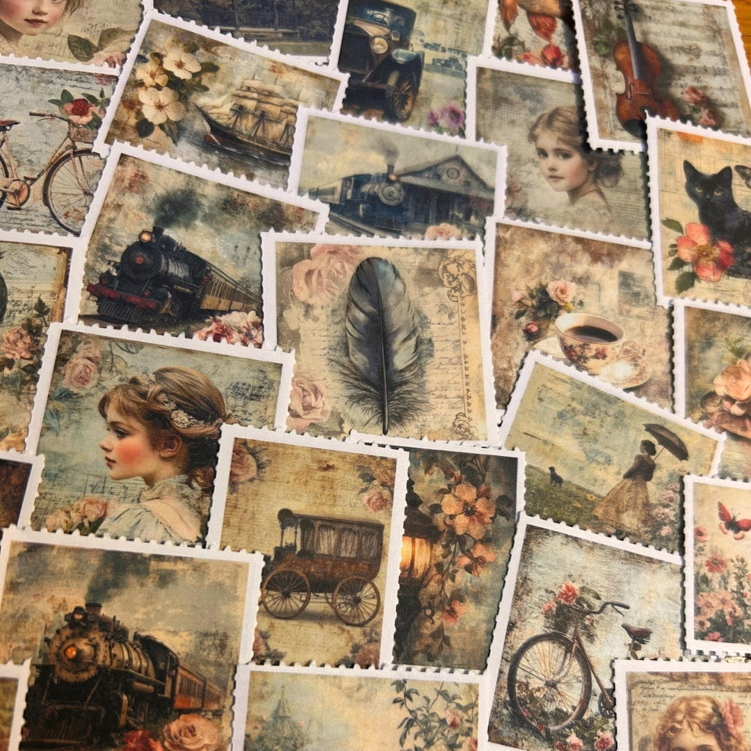 Victorian Style Postage Stamp Design Sticker L Vintage Romantic Matte ...