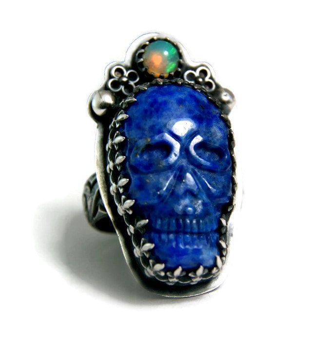 Gothic Skull Ring Sterling Silver Blue Lapis Skull Ring Fire | Etsy