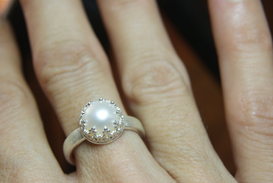 Sterling Silver Pearl Ring Everyday Jewelry Fancy Crown Setting ...