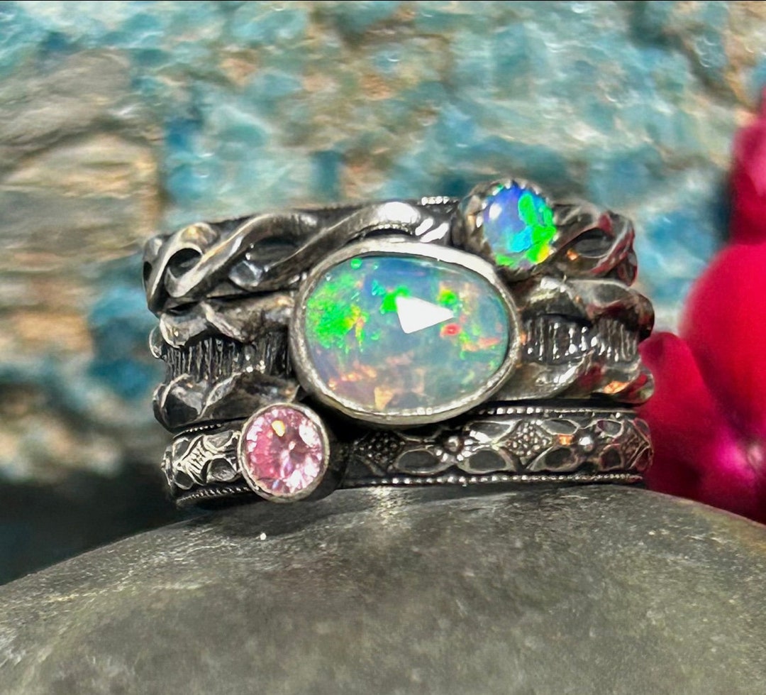 Natural Opal Stackable Rings in Sterling Silver Bohemian Jewelry - Etsy