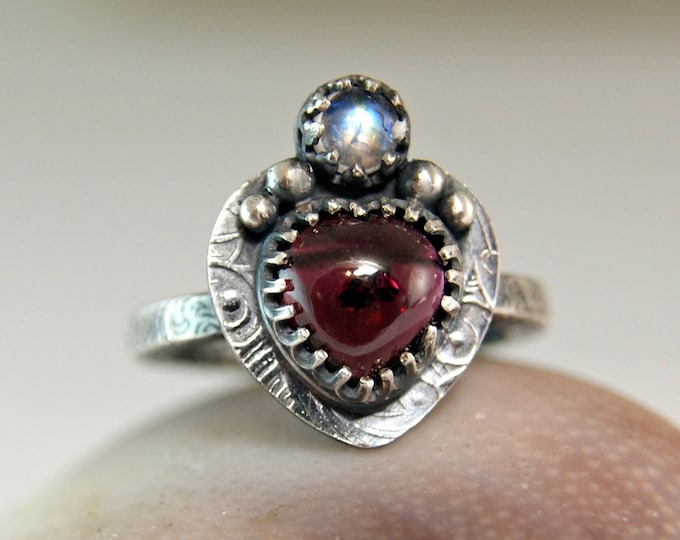 Vintage Style Heart Shape Garnet Moonstone Ring Sterling | Etsy