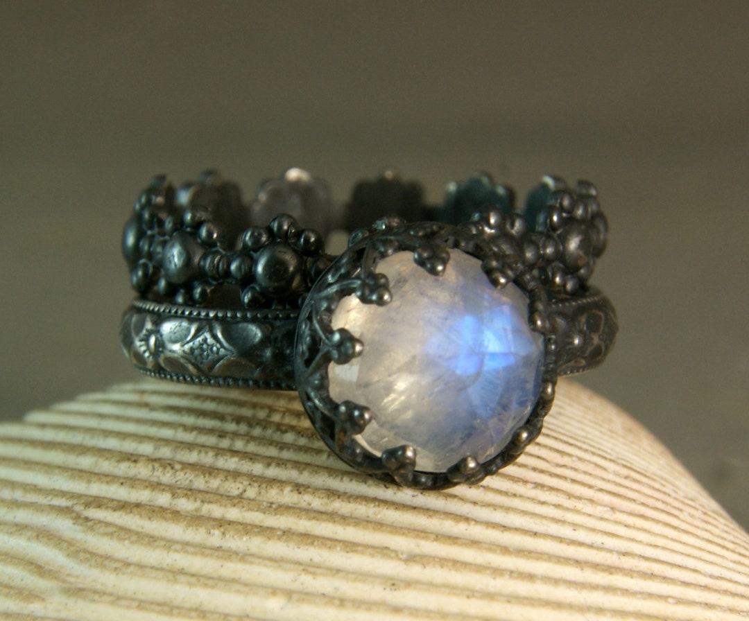 Rainbow Moonstone Engagement Ring Antiqued Sterling Stacking Rings June ...