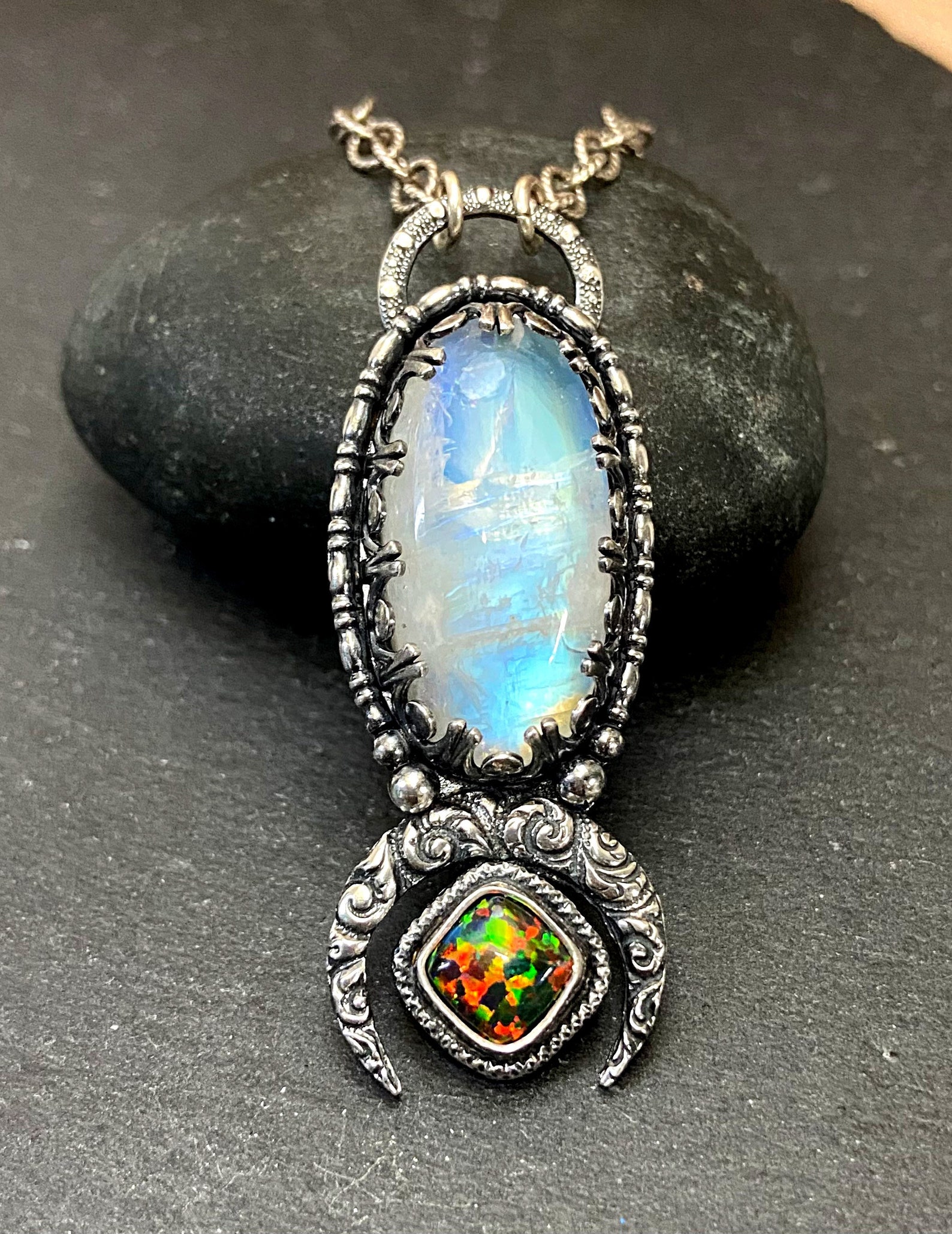 Crescent Moon Moonstone Pendant in Sterling Silver Vintage Style ...