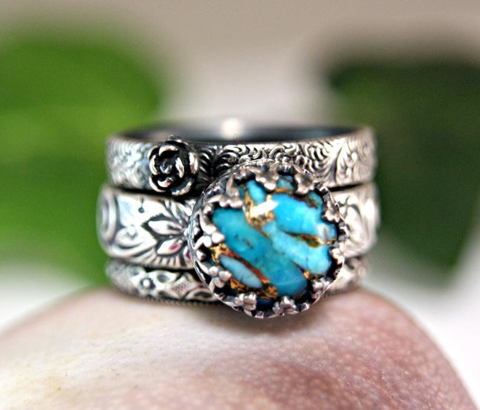 Turquoise Stacking Rings Set Vintage Style Copper Turquoise | Etsy