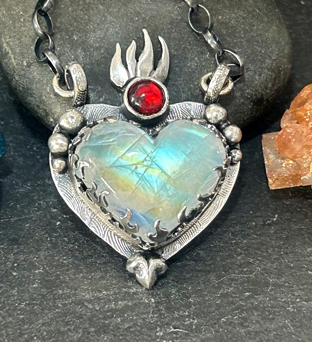 Flaming Sacred Heart Rainbow Moonstone Valentines Day Necklace Sterling ...