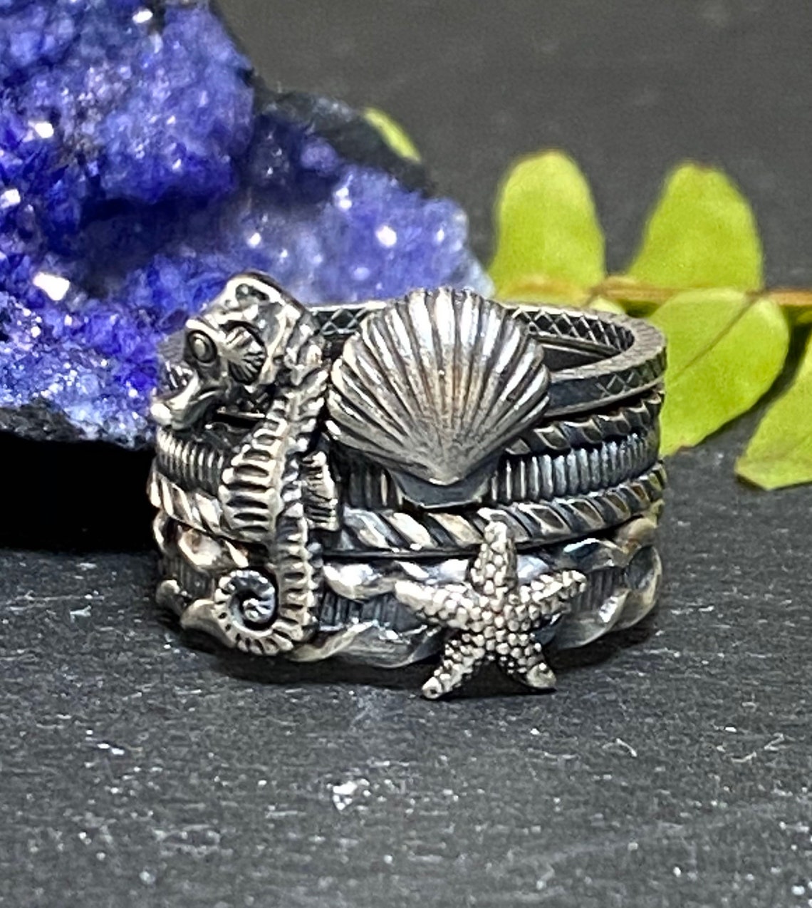 Seahorse Ring Seashell Starfish Stacking Set in Sterling - Etsy