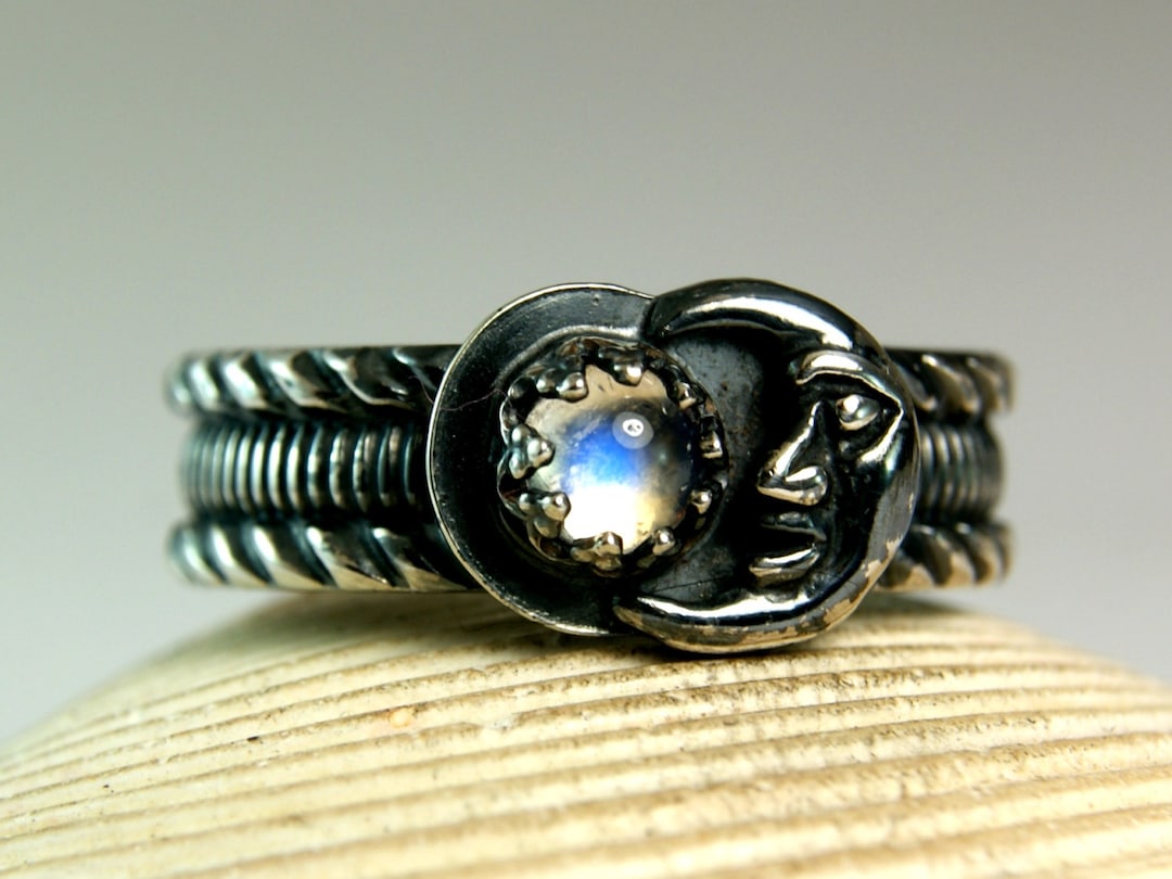 Crescent Moon Ring Blue Moonstone Jewelry Bohemian Style Unisex ...