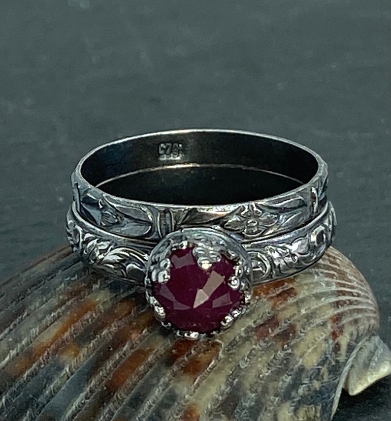 Ruby Engagement Ring Vintage Style Wedding Set in Sterling | Etsy