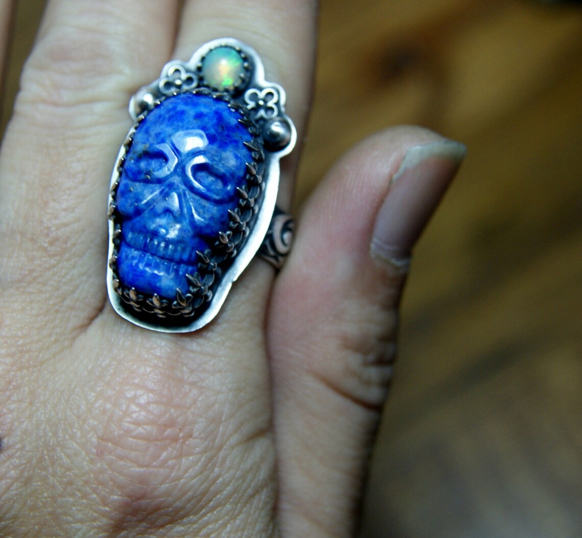 Gothic Skull Ring Sterling Silver Blue Lapis Skull Ring Fire | Etsy