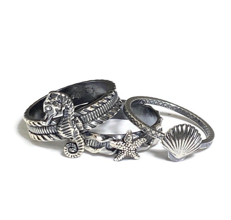 Seahorse Ring Seashell Starfish Stacking Set in Sterling - Etsy